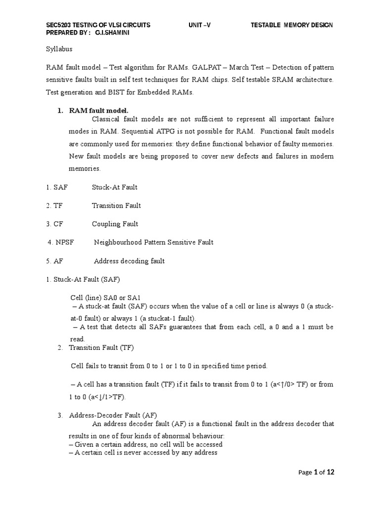 Testable Memory Design: RAM Fault Models, March Testing Algorithms, and ...