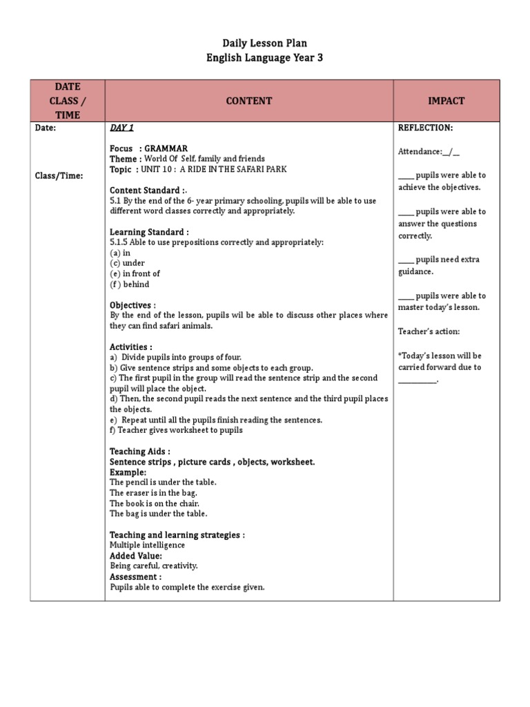 Date Class / Time Content Impact: Daily Lesson Plan English Language ...