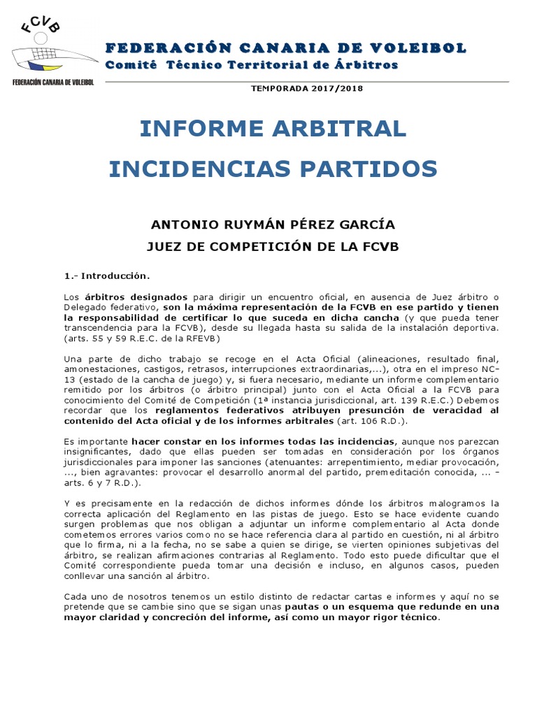 Modelo Informe Arbitral Incidencias Pdf Árbitro Vóleibol