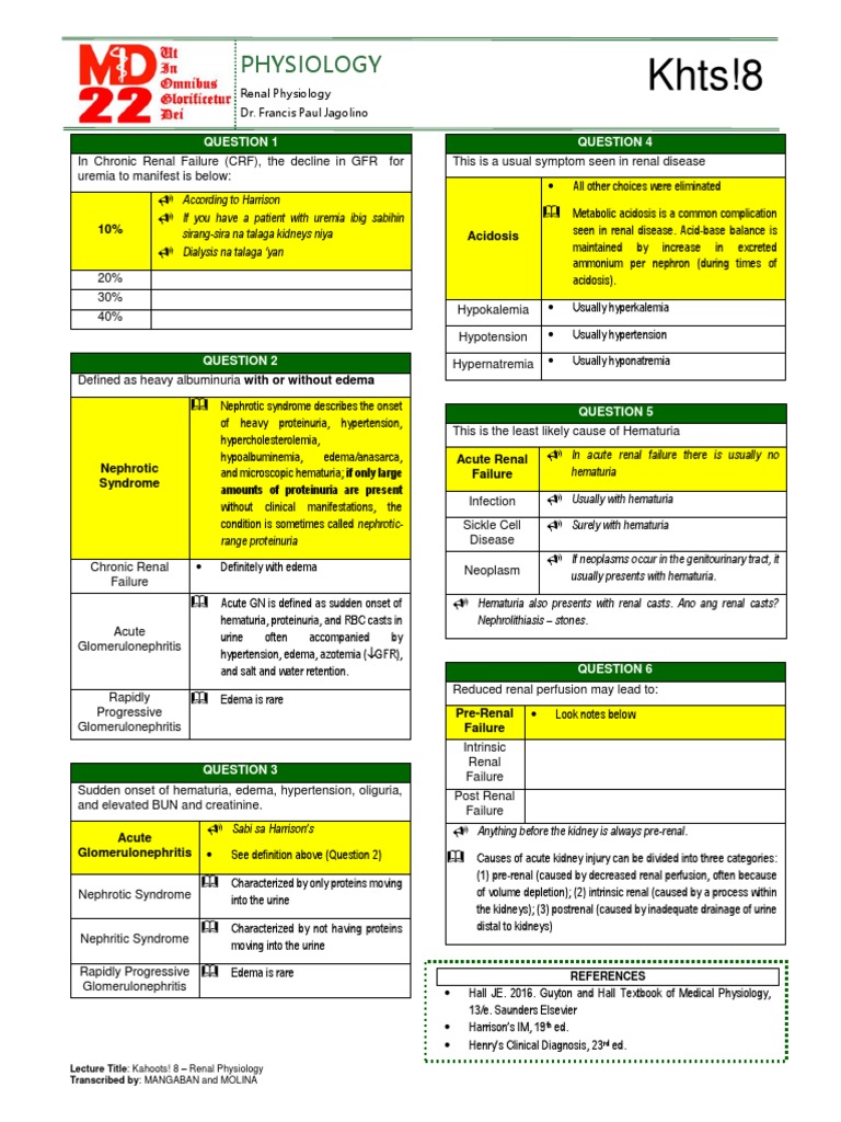 Kahoots 8 - Renal Physiology PDF | PDF | Kidney | Chronic Kidney Disease