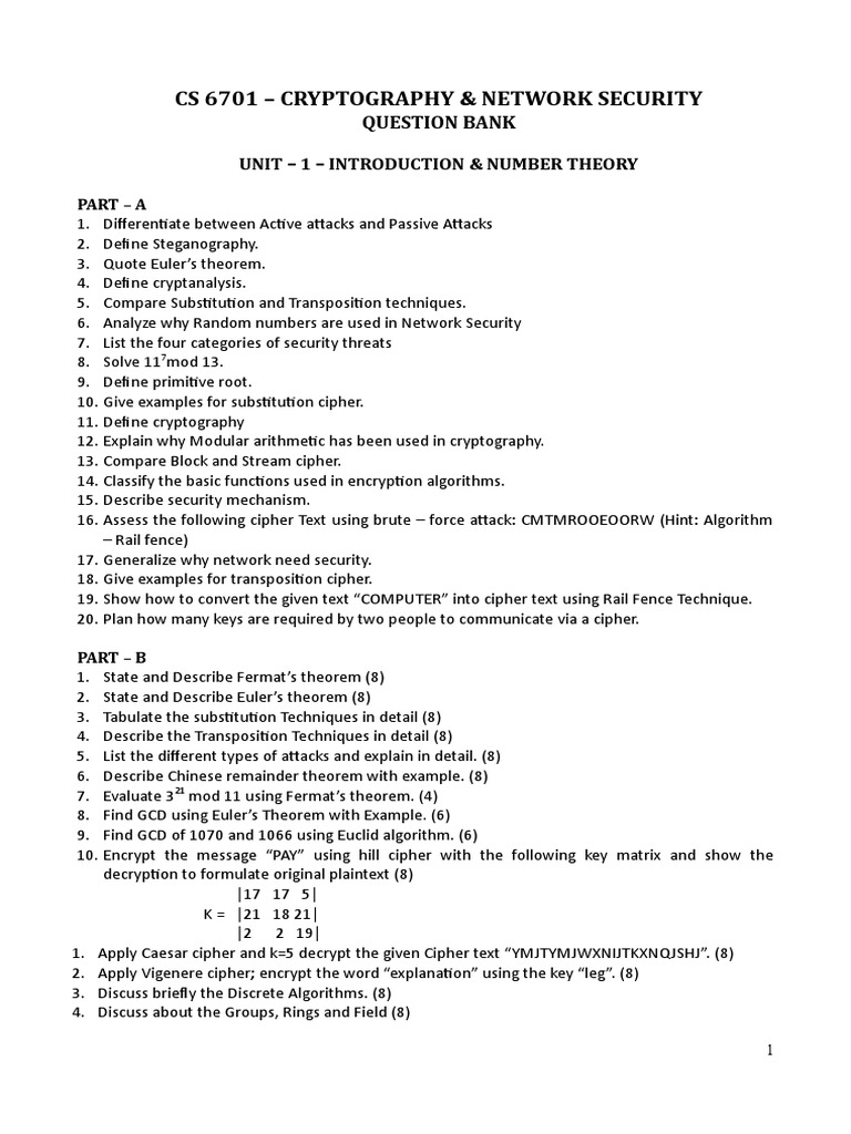 Cs 6701 - Cryptography & Network Security: Question Bank | PDF | Cryptography | Key (Cryptography)