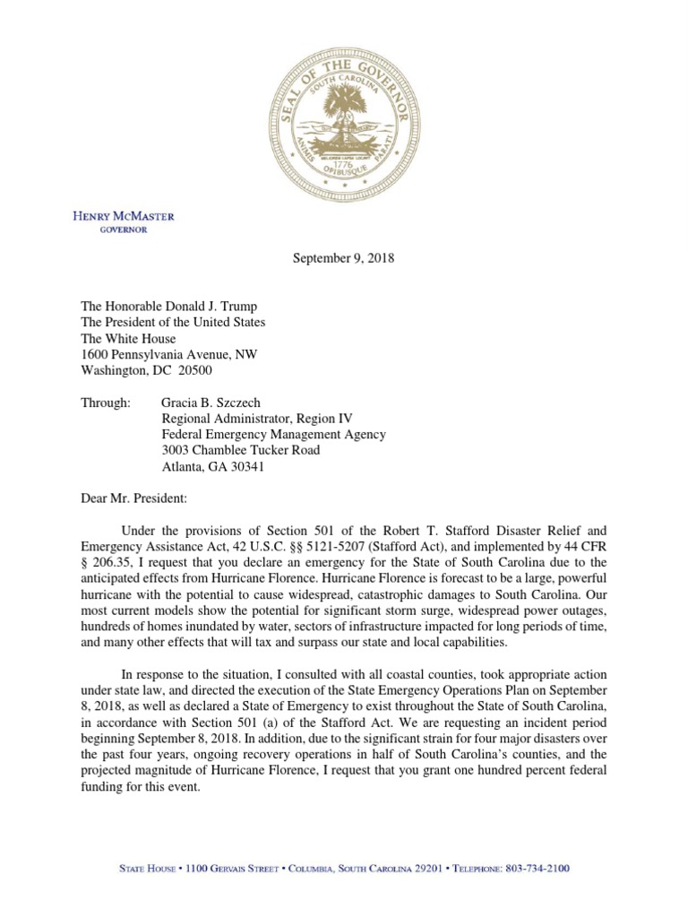 9-9-2018 Trump Disaster Relief Letter | Emergency Management | Storms