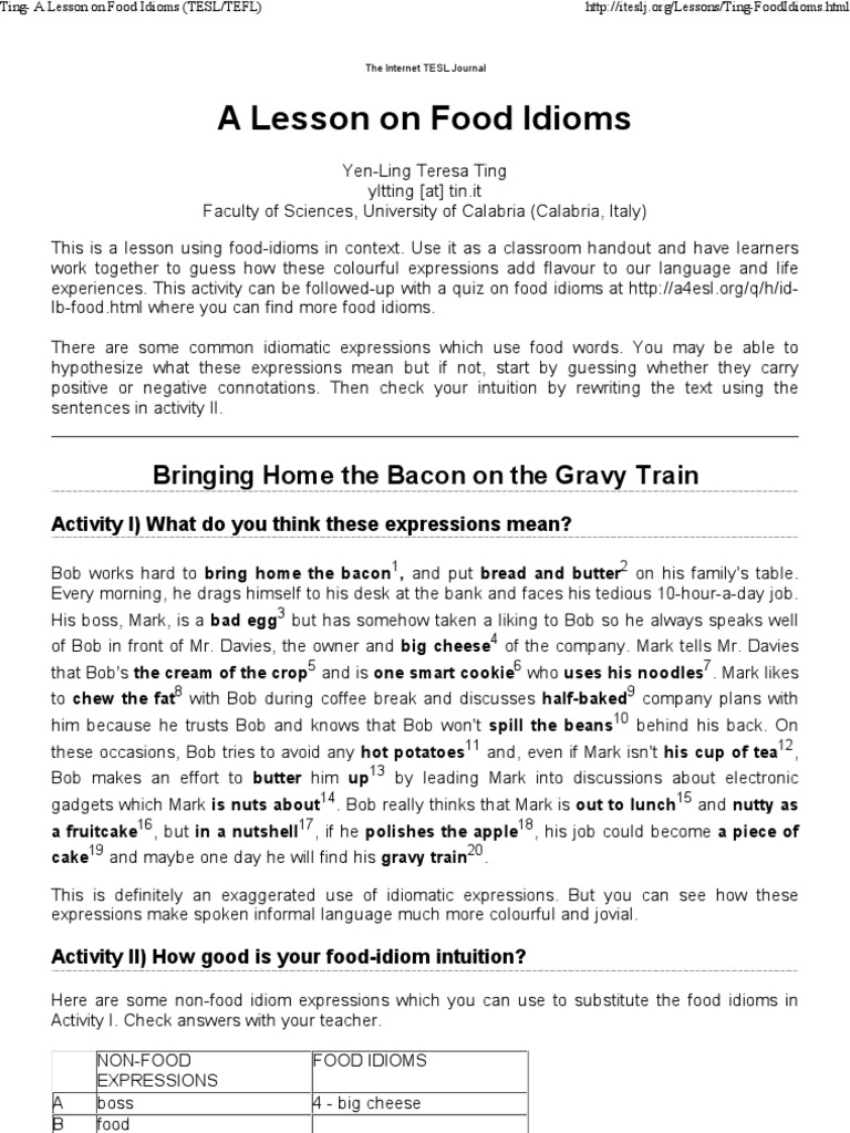 A Lesson On Food Idioms | PDF | Idiom | Semiotics