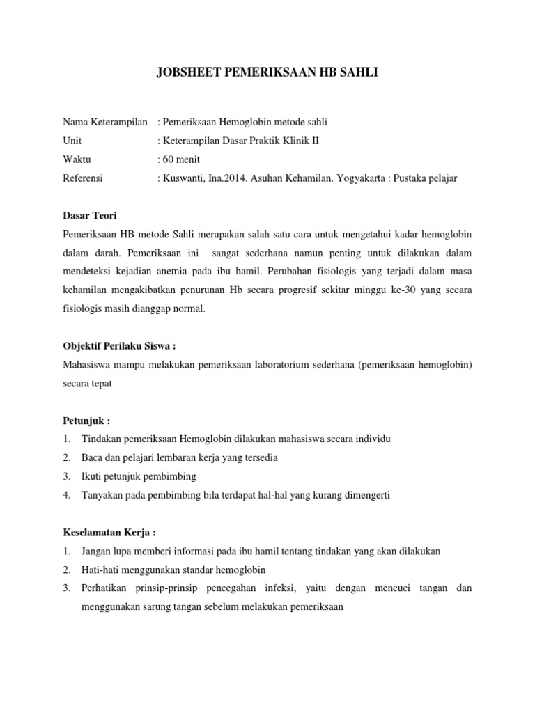 Pemeriksaan Hemoglobin Metode Sahli | PDF | Kesehatan Holistik