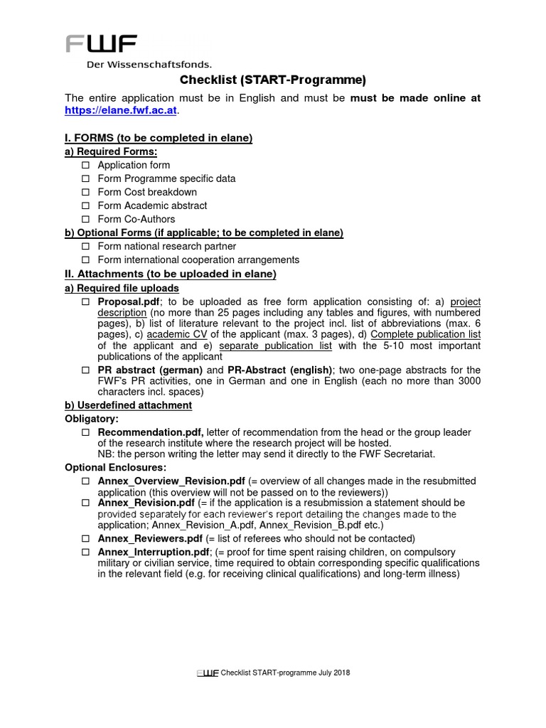 Checklist (START-Programme) : The Entire Application Must Be in English ...