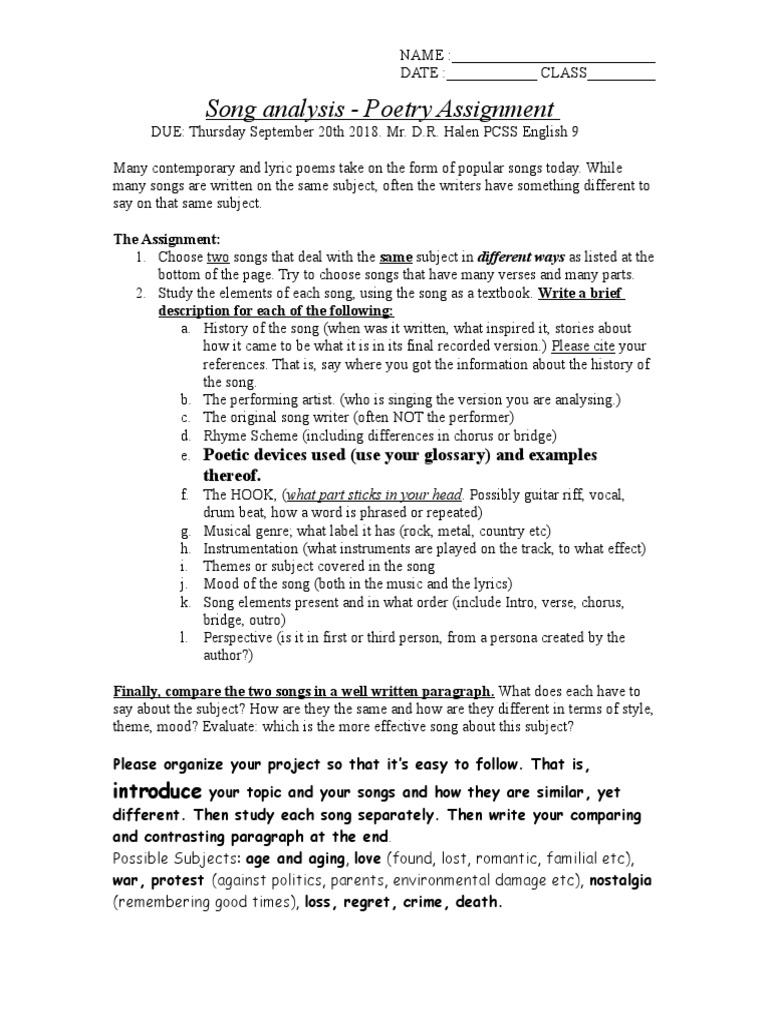 English 9 Song Analysis Guide | PDF | Song Structure | Entertainment
