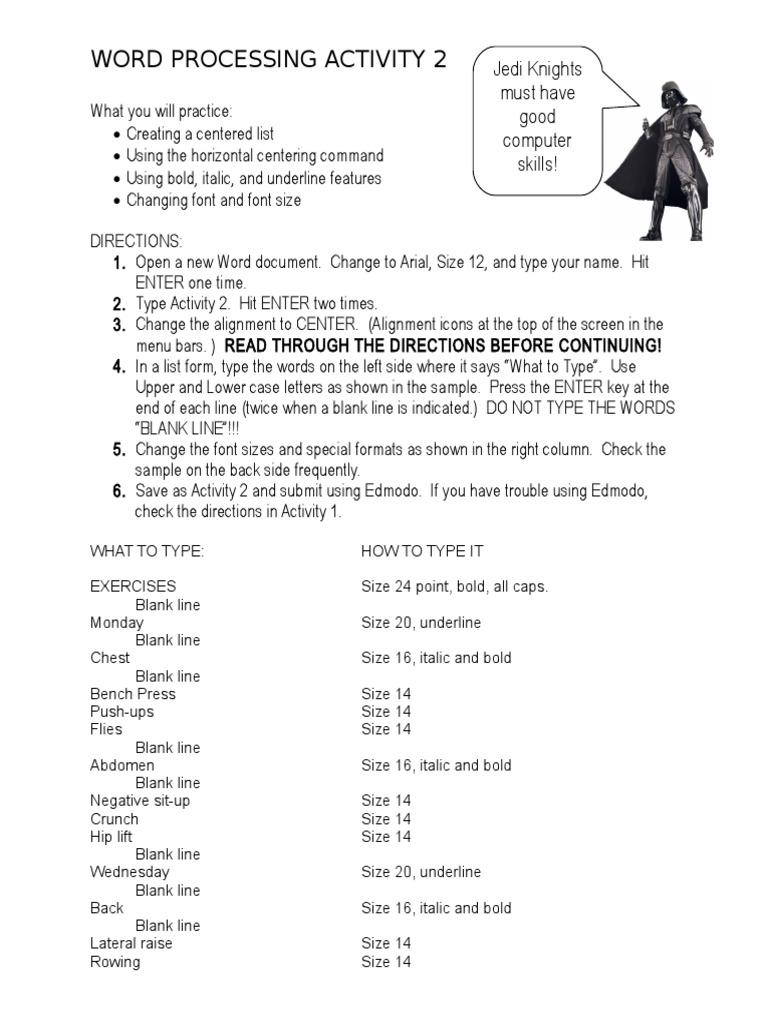 Word Processing Activity 2: Jedi Knights Must Have Good Computer Skills! | PDF | Written ...