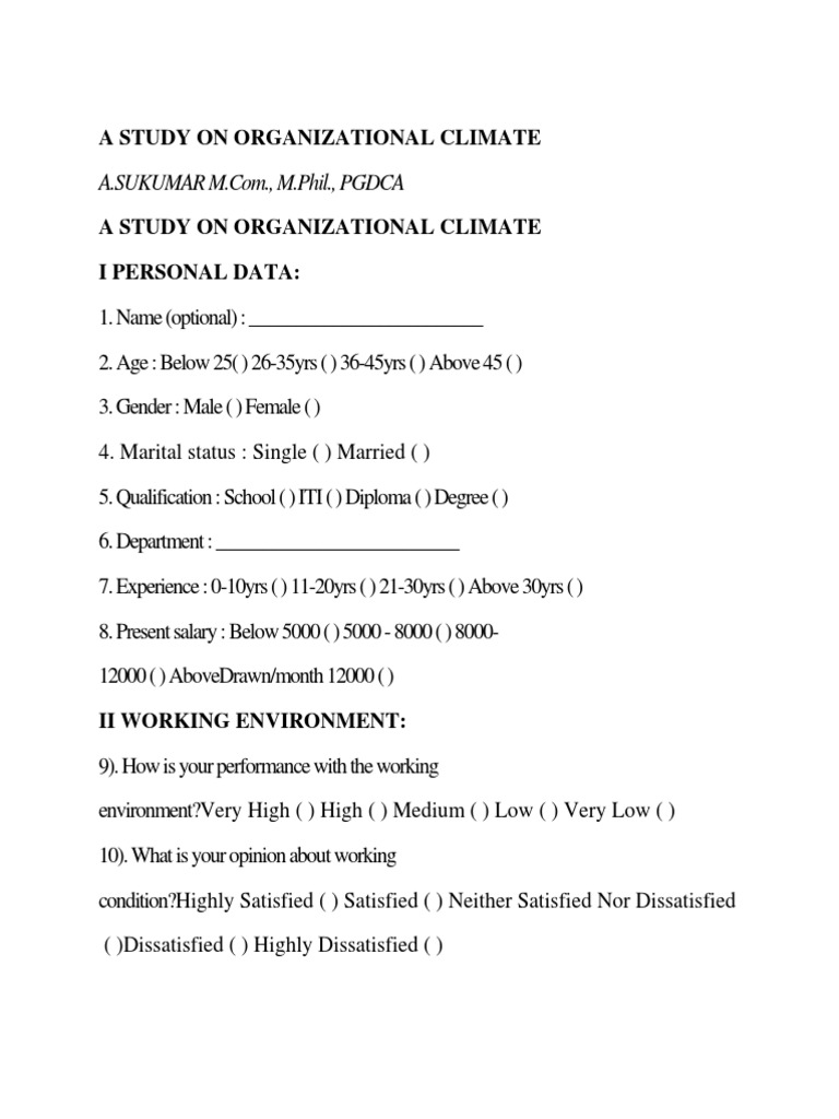 Organizational Climate Study Questionnaire | PDF | Psychological ...