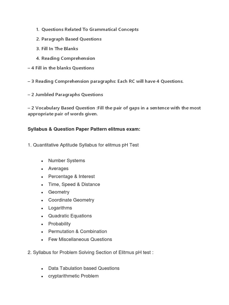 Syllabus & Question Paper Pattern Elitmus Exam | PDF