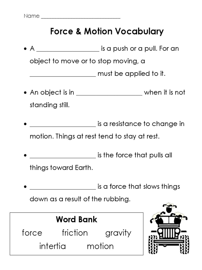 Force Motion Vocabulary Cloze Wordbank | PDF