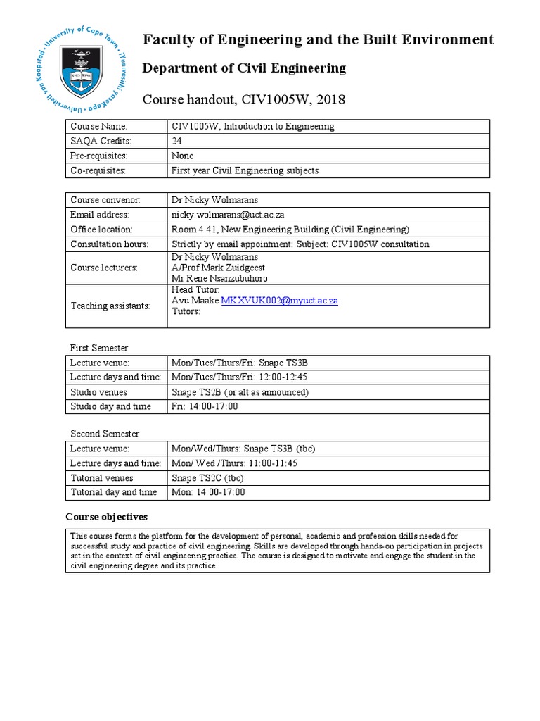 CIV1005W Course Overview and Details | PDF | Engineering | Numerical ...