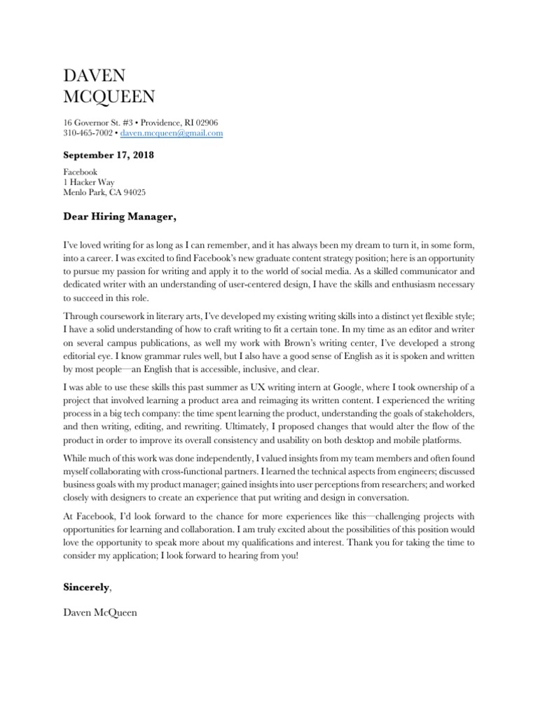 Facebook Cover Letter | PDF