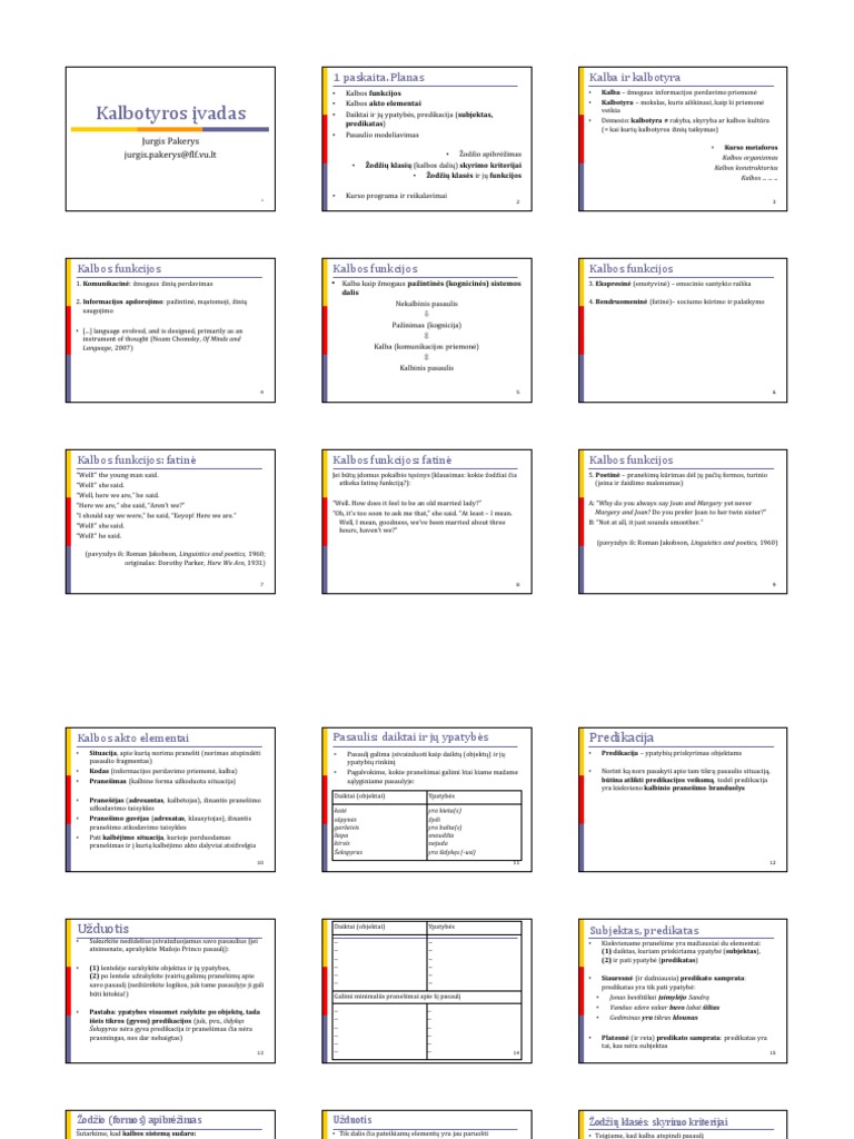 Kalbotyros Ivadas 2015 1 Paskaita Funkcijos Kalbos Aktas Predikacija Zodziu Klases PDF | PDF