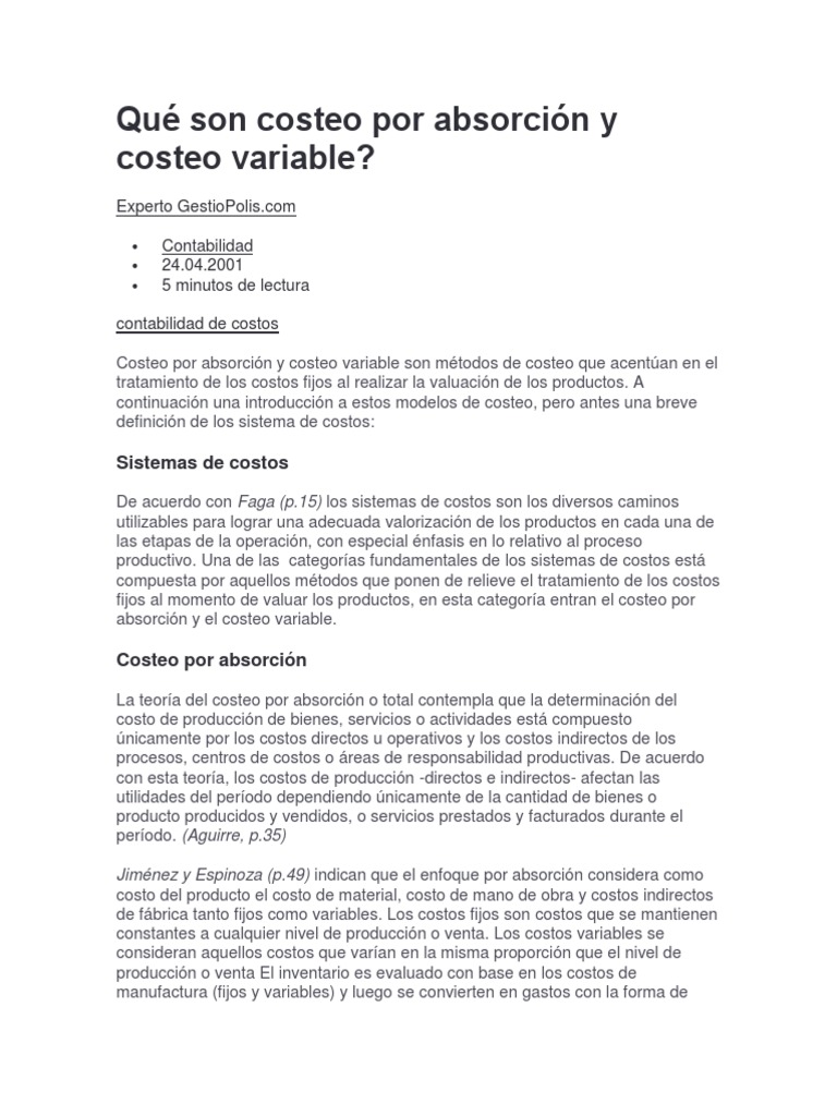 Qué Son Costeo Por Absorción y Costeo Variable | PDF | Costo | Contabilidad