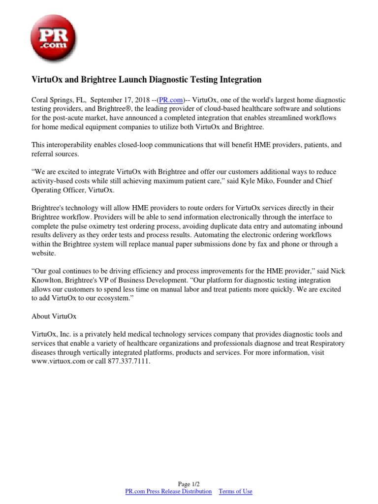VirtuOx and Brightree Launch Diagnostic Testing Integration | PDF ...
