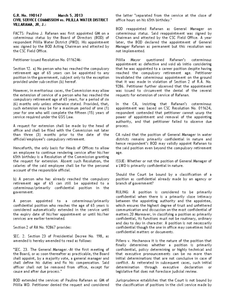 CSC Vs Pilila Water District Case Digest | PDF | Board Of Directors ...