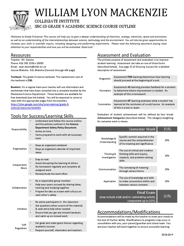 snc1d Course Outline - 2018 | PDF | Sustainability | Educational Assessment