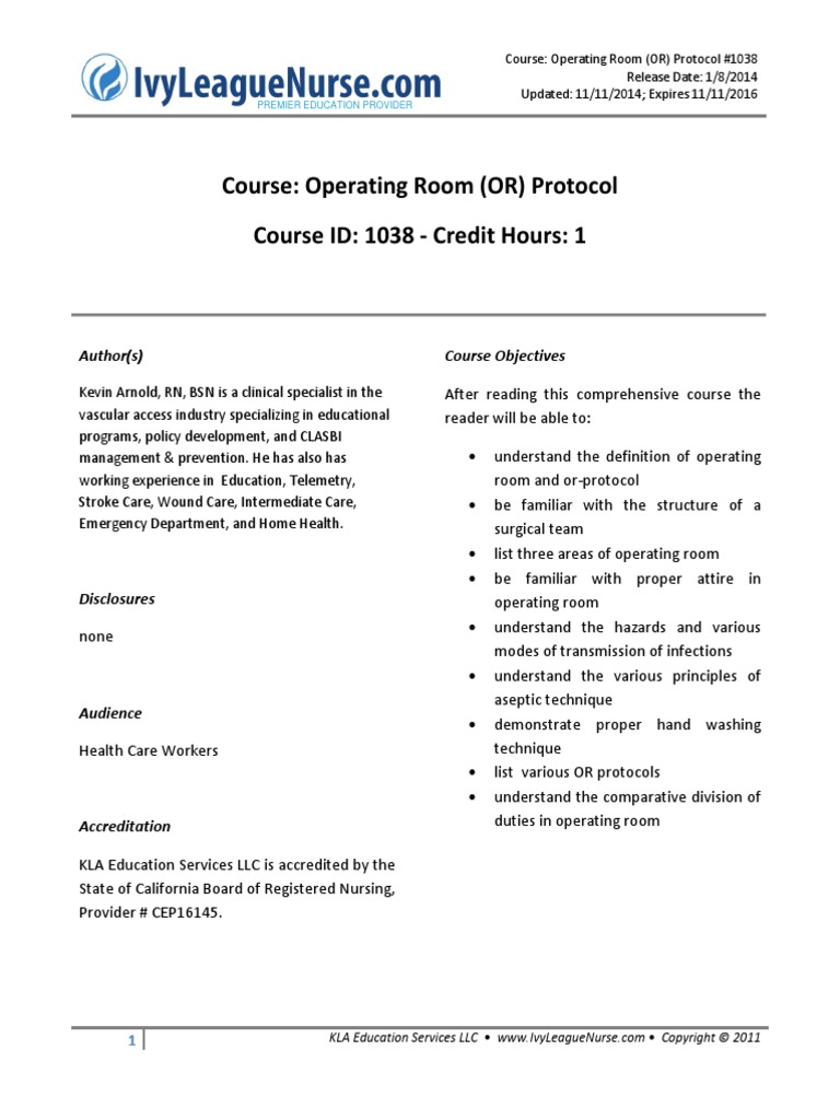 Course: Operating Room (OR) Protocol Course ID: 1038 - Credit Hours: 1 ...