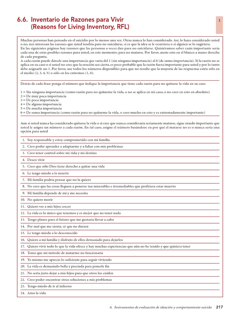 Inventario de Razones para Vivir (Reasons For Living Inventory, RFL) | PDF | Suicidio | Muerte