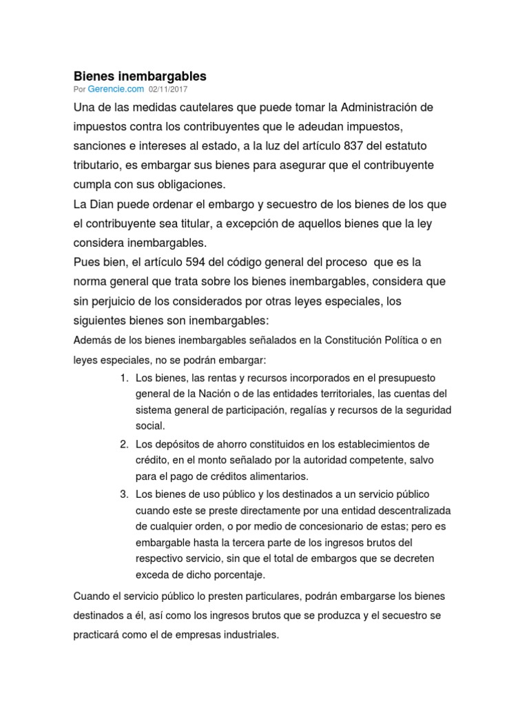 Bienes Inembargables y Embargables | PDF | Pensión | Contribuyente