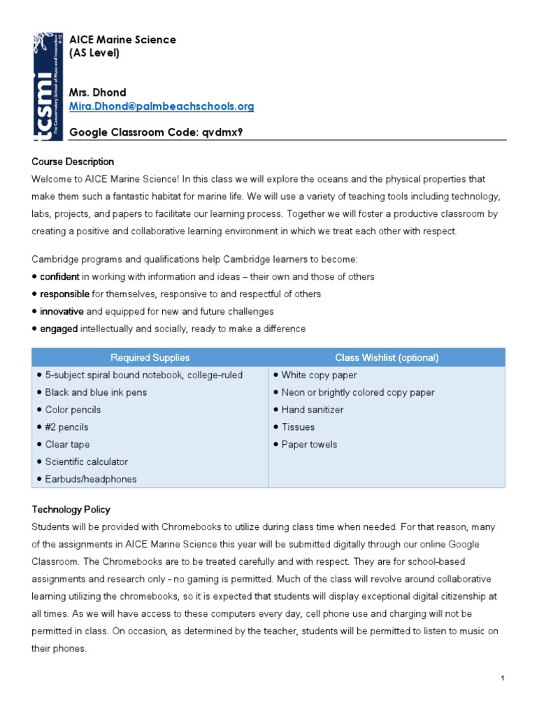 Syllabus - Aice Marine Science | PDF | Academic Dishonesty | Homework