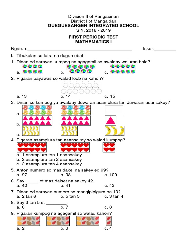 Grade 1 Math First Periodic Test | PDF