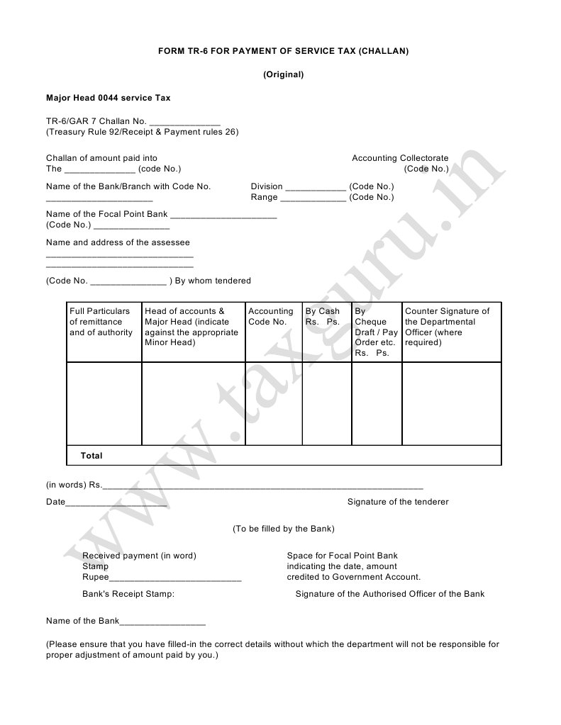 Form Tr-6 For Payment of Service Tax (Challan) (Original) Major Head ...