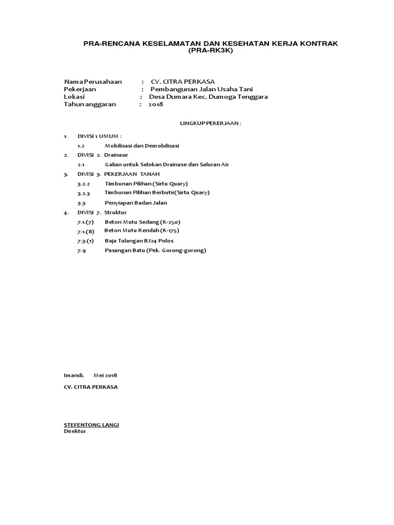 Pra-Rencana Keselamatan Dan Kesehatan Kerja Kontrak (PRA-RK3K) | PDF | Technology & Engineering