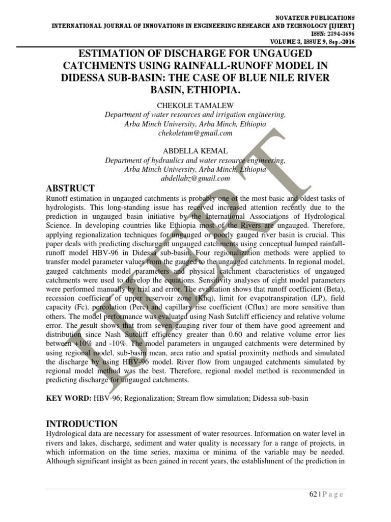 Estimation of Discharge For Ungauged Catchments Using Rainfall-Runoff Model in Didessa Sub-Basin ...