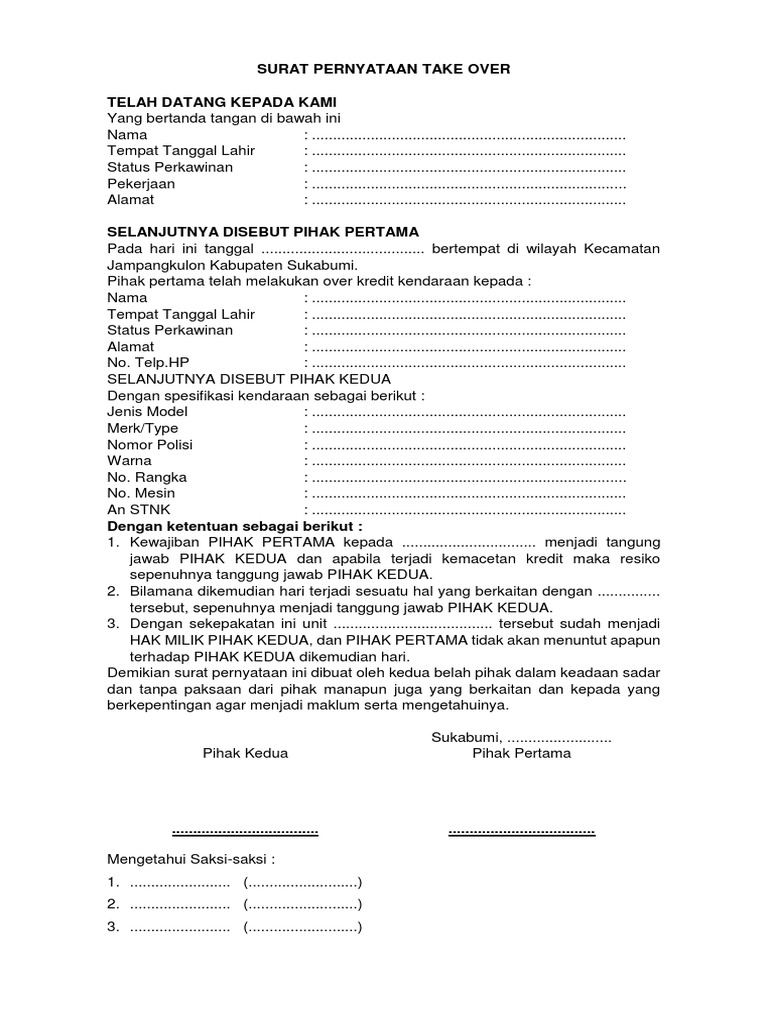 Surat Pernyataan Take Over | PDF