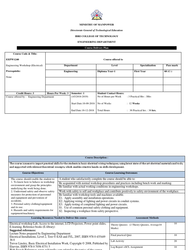 Electrical Workshop Course Delivery Plan - Sem-1 - 2018 - 19 | PDF ...