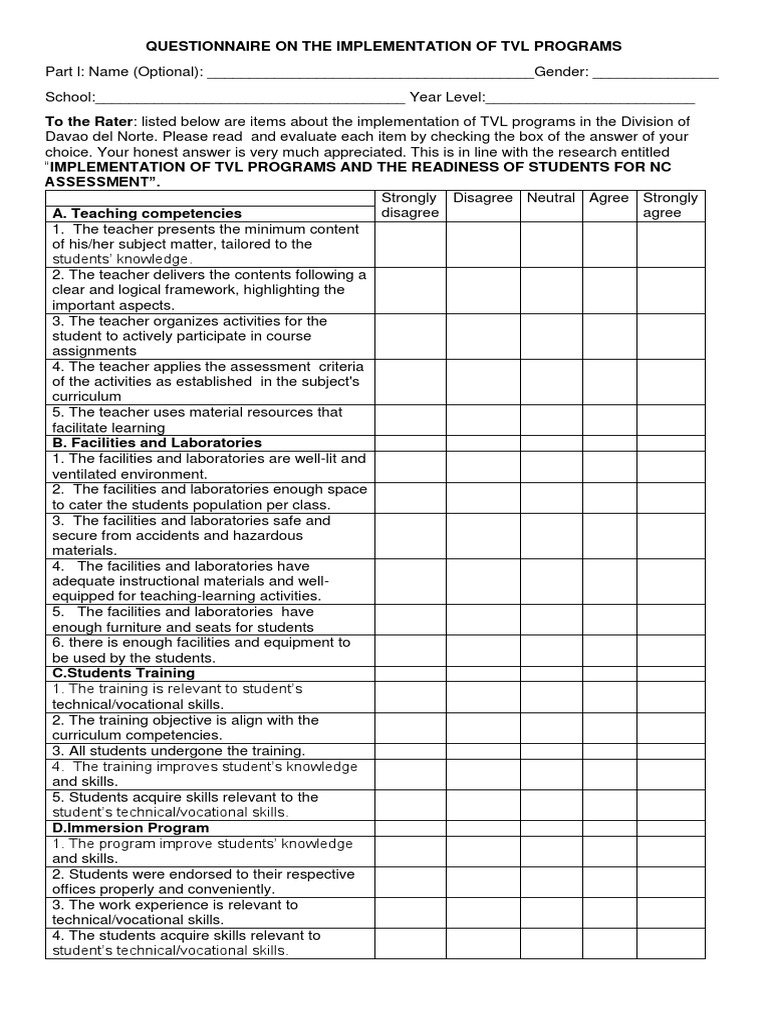 TVL Programs Implementation Questionnaire | PDF | Educational ...
