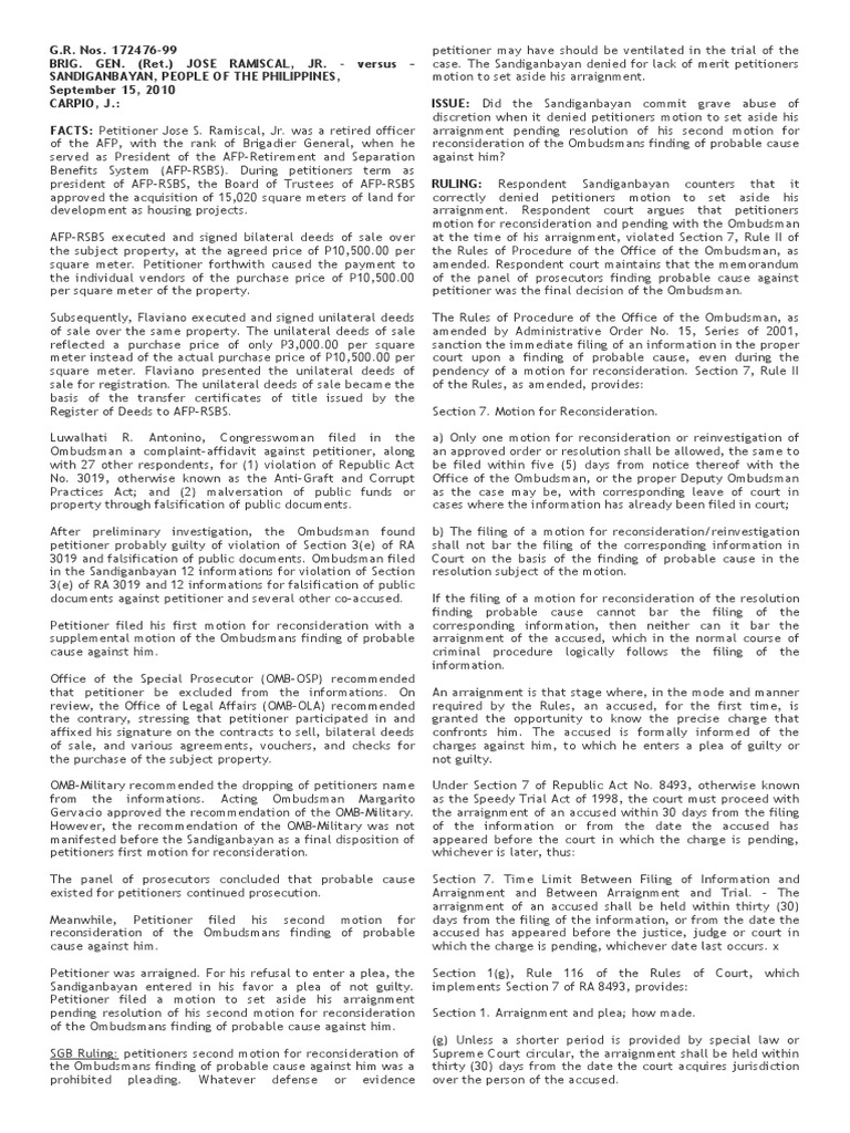 Ramiscal Vs SGB Case Digest | PDF | Arraignment | Plea