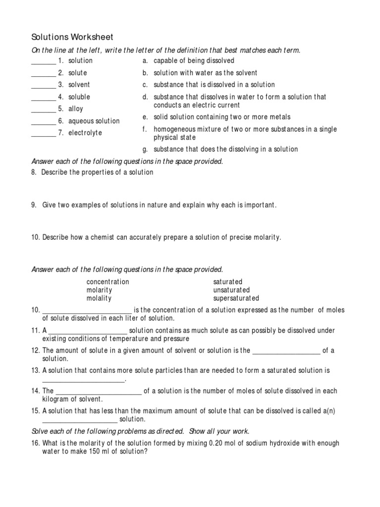 Solutions Worksheet PDF | PDF | Solution | Solubility