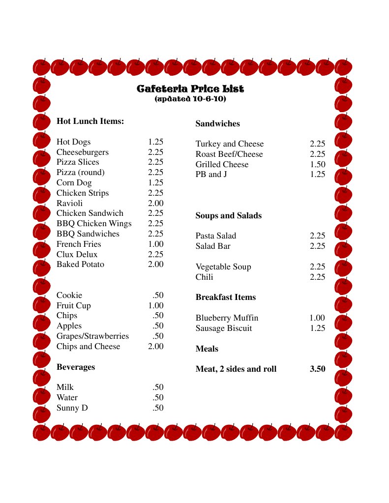 Cafeteria Price List (Updated 10-6-10) | PDF | Cooking | Western Cuisine
