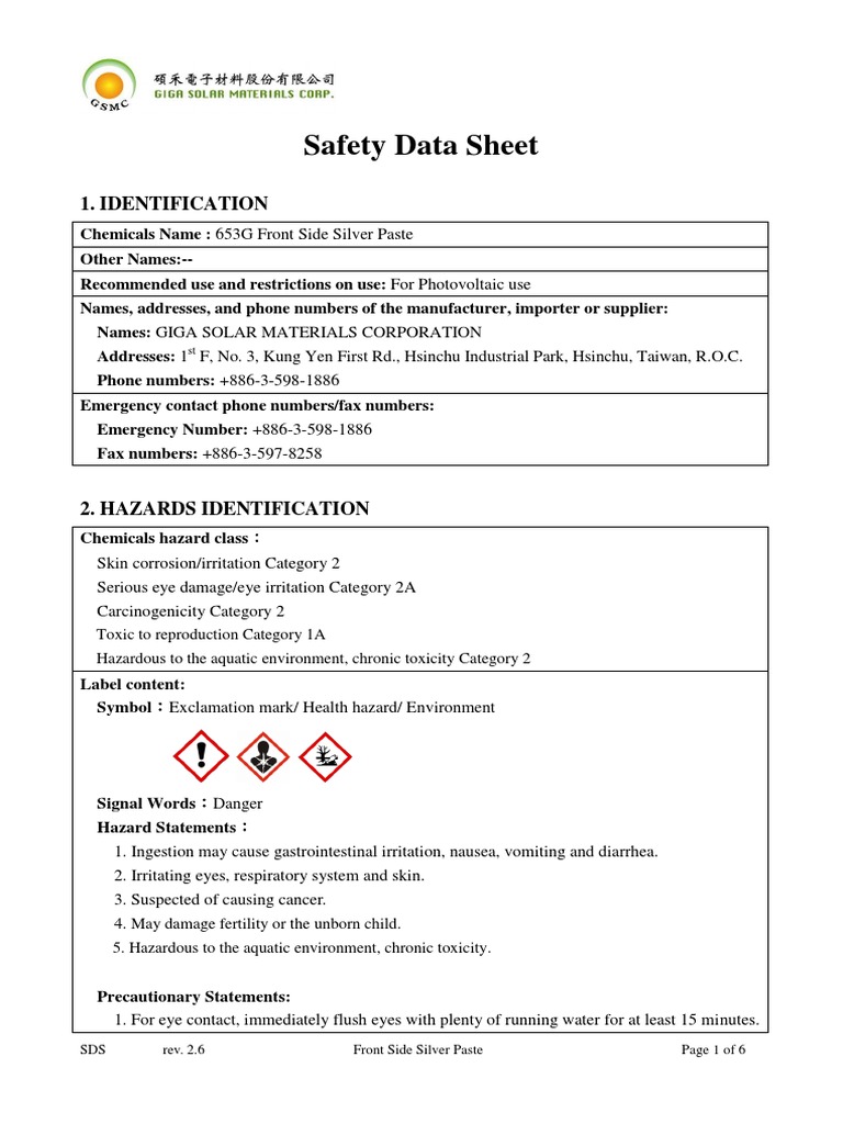 Front Side Silver Paste 653G SDS_GENERAL_TEXANOL (English Version) V2.7 ...