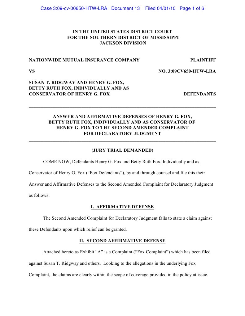 Fox Defendants' Answer in Insurance Case | PDF | Declaratory Judgment | Complaint