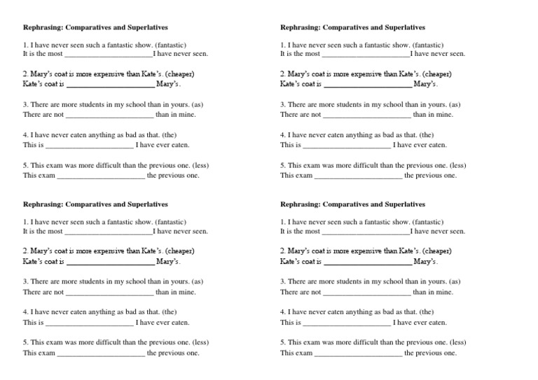 Rephrasing Comparatives and Superlatives B1 | PDF | Grammar | Language Mechanics