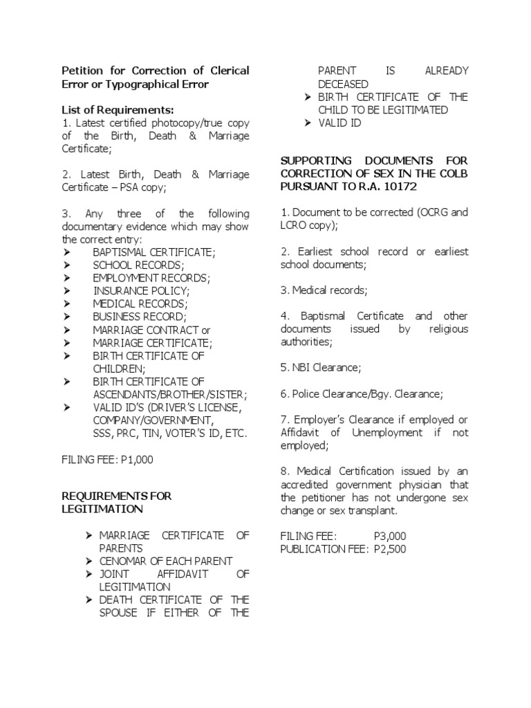 Checklist of Requirements Clerical Error | PDF