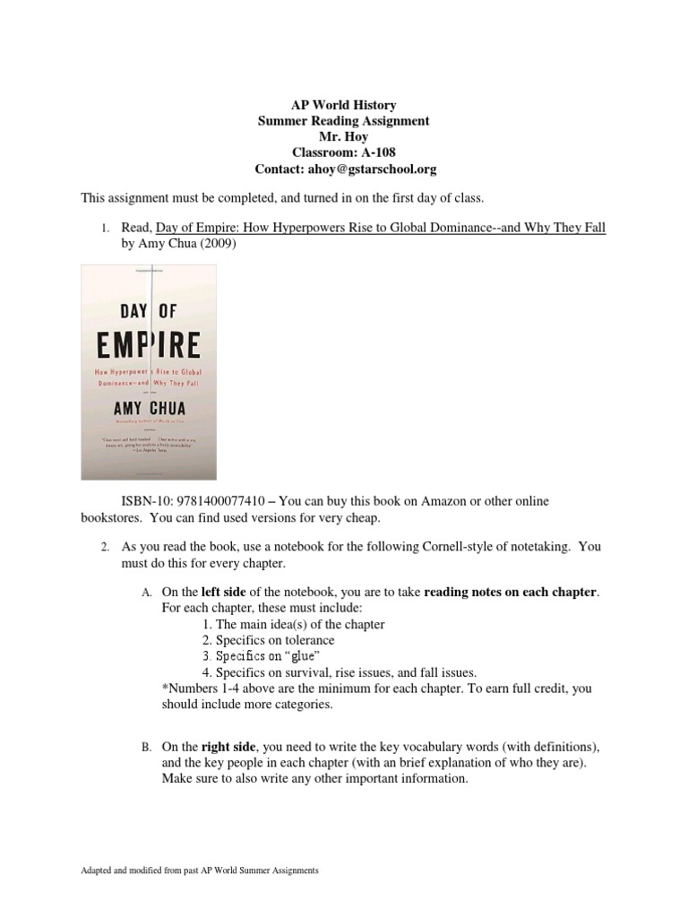 AP World History Summer Reading Assignment Mr. Hoy Classroom: A-108 ...