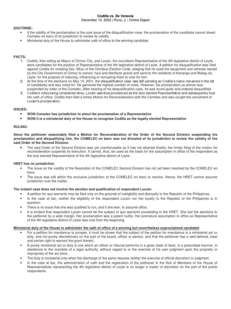 Codilla vs. de Venecia Digest | PDF | Instituciones sociales | Ciencias sociales