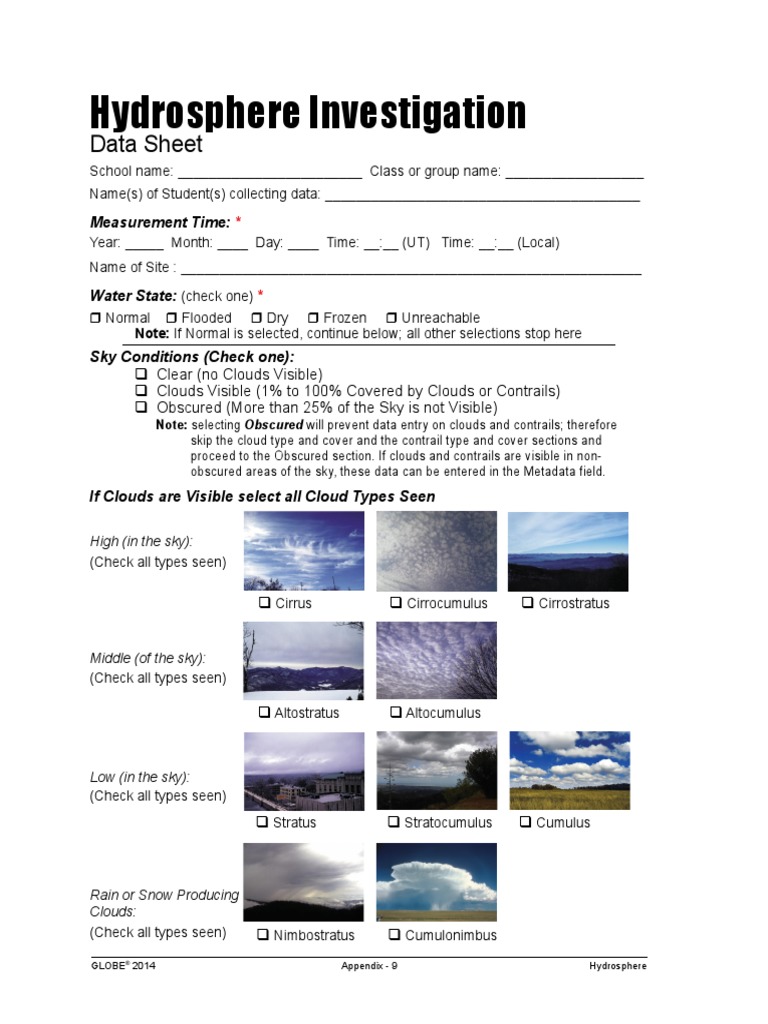 Hydrology Investigation Data Sheet | PDF | Cloud | Salinity