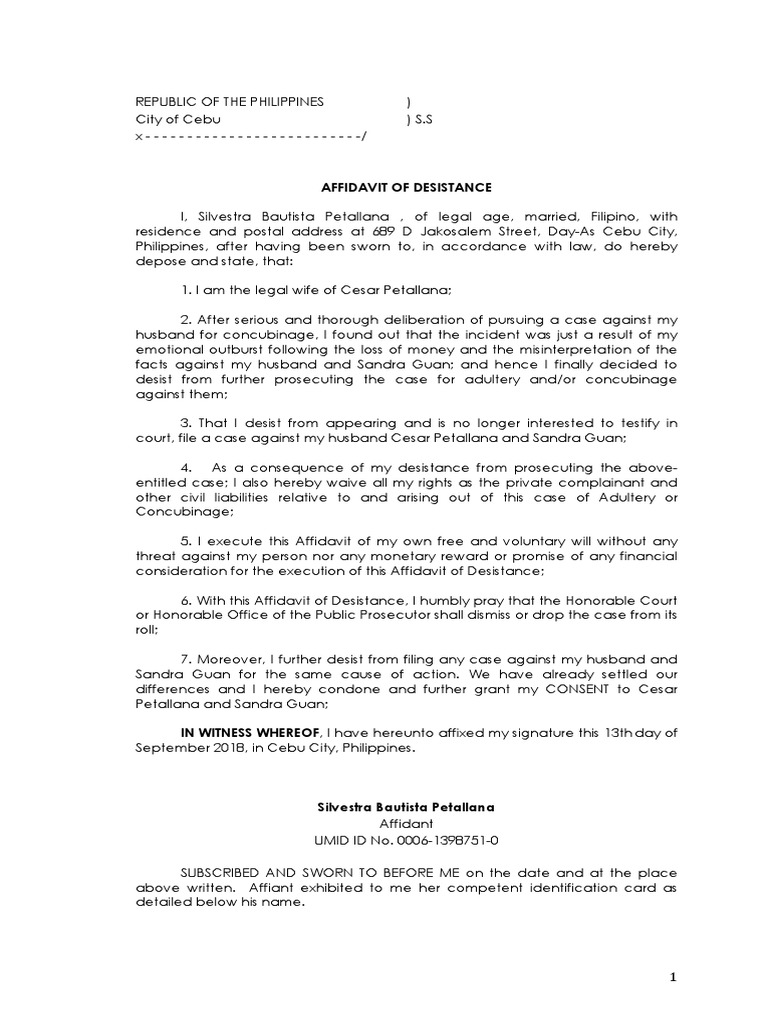 Wife Desists from Adultery Case | PDF | Affidavit | Judiciaries