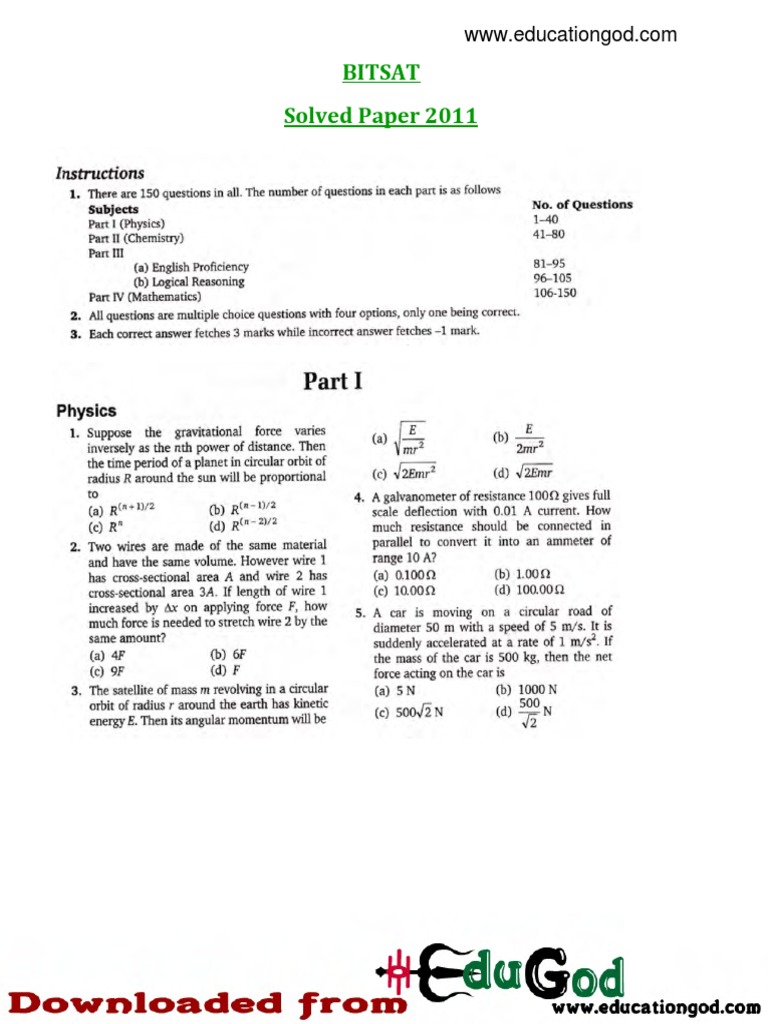BITSAT 2011 Solved Paper Analysis | PDF