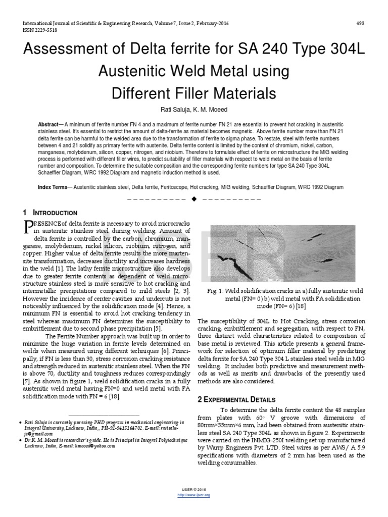 Assessment of Delta Ferrite For SA 240 Type 304L Austenitic Weld Metal ...