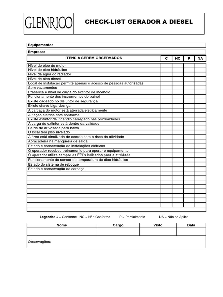 Check-List Gerador A Diesel | PDF