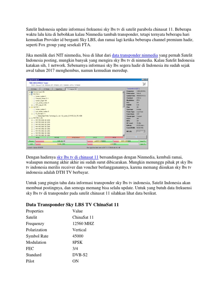 Satelit Indonesia Update Informasi Frekuensi Sky Lbs TV Di Satelit Parabola Chinasat 11 | PDF