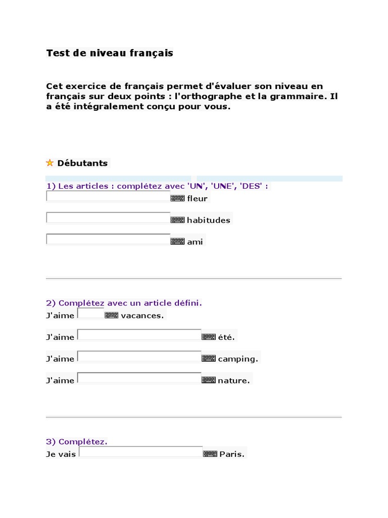 Test de Niveau Français | PDF | Sujet (Grammaire) | Verbe