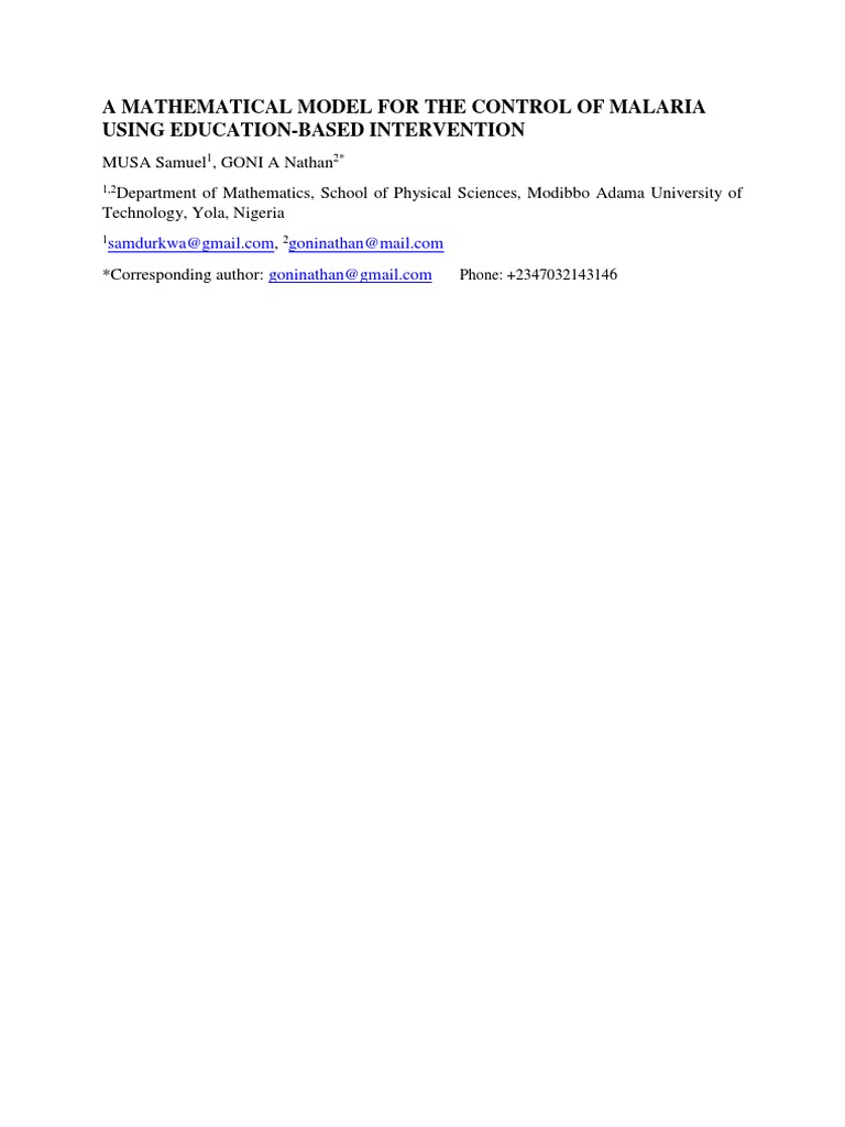 A Mathematical Model For The Control of Malaria Using Education1 | PDF ...