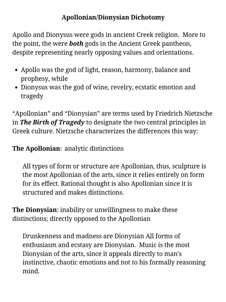 "Apollonian" and "Dionysian" Are Terms Used by Friedrich Nietzsche in ...